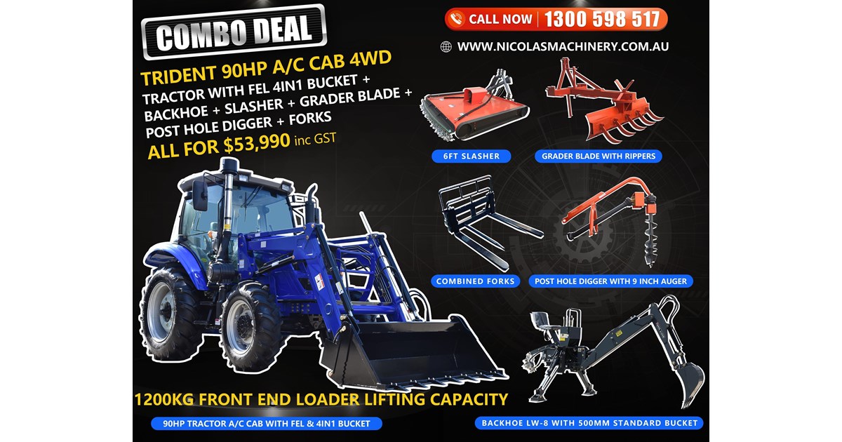 TRIDENT 90HP 4WD A/C CABIN TRACTOR COMBO DEAL (1200KG FRONT LOADER LIFT ...