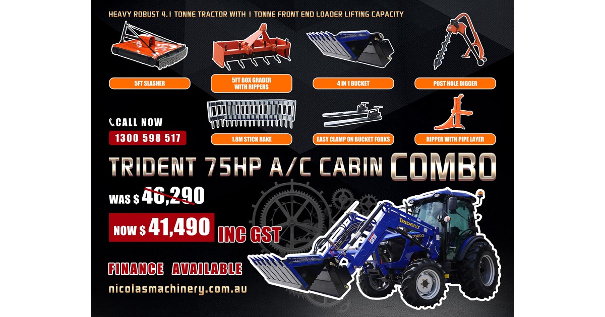 TRIDENT 75HP 4WD A/C CABIN TRACTOR COMBO DEAL (SLASHER GRADER DIGGER ...
