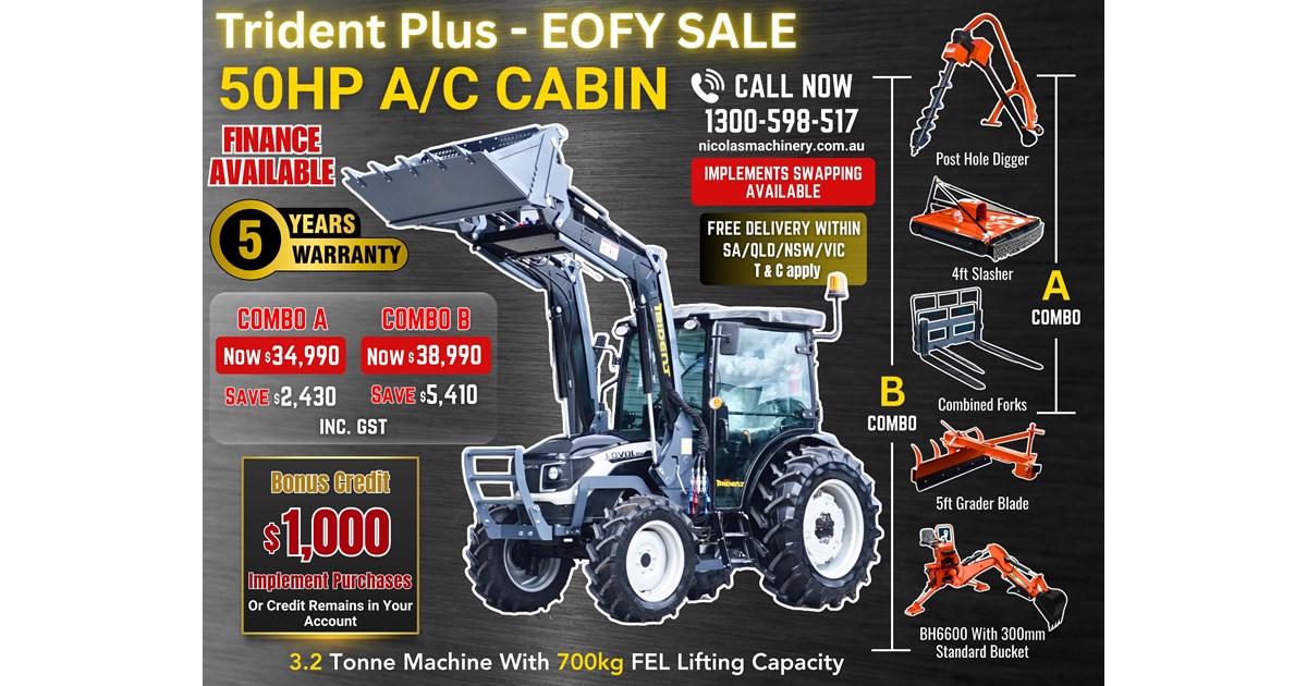 2025 TRIDENT PLUS EOFY SALE SYNCHROMESH MODEL 50HP 4WD A/C CABIN TRACTOR WITH 4IN1 BUCKET COMBO ...