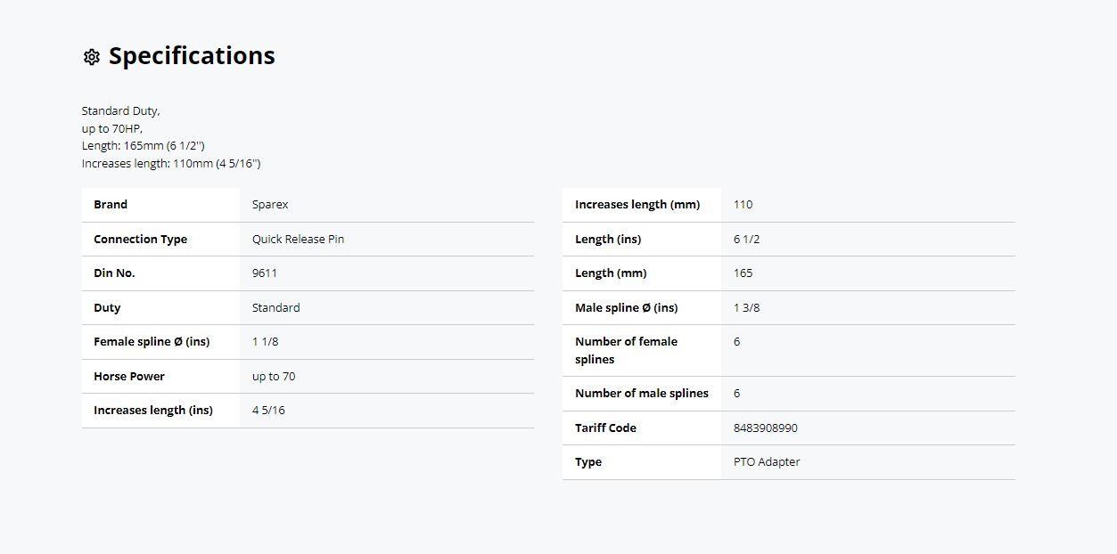 SPAREX PTO ADAPTOR WITH QUICK RELEASE PIN - 1 1/8" FEMALE SPLINE, 6 X 1 ...