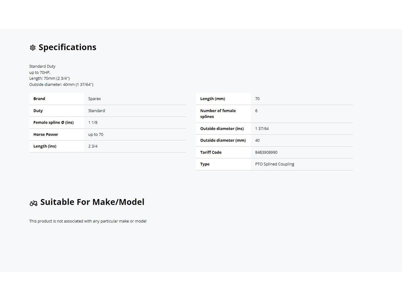 SPAREX PTO SPLINED COUPLING - 6 X 1 1/8" FEMALE SPLINE for sale ...