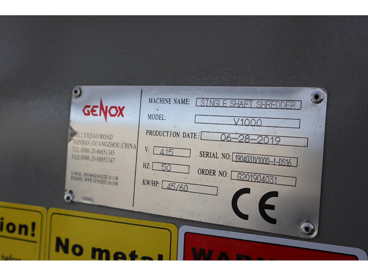 GENOX V1000 INDUSTRIAL SINGLE SHAFT SHREDDER WITH CRAMMER - 60HP for sale