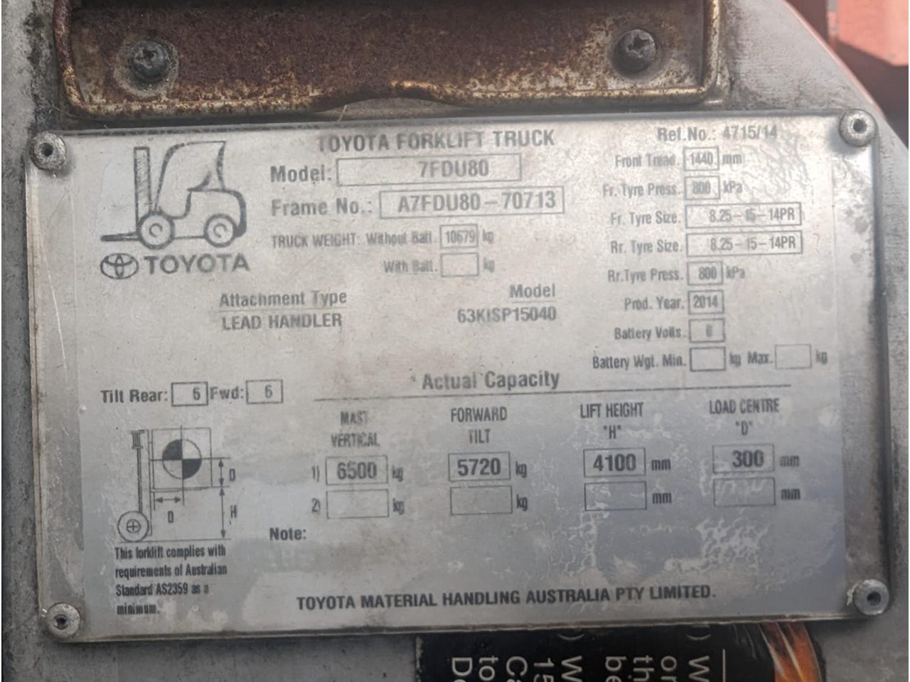2014 TOYOTA 8T DIESEL FORKLIFT - 7FDU80 for sale