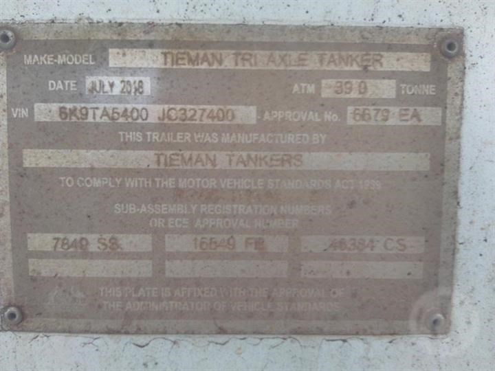 2018 TIEMAN TRI AXLE TANKER TA 5400 for sale